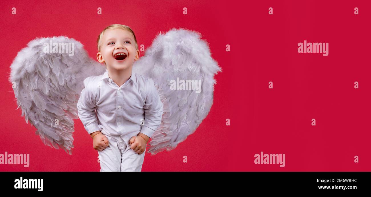 Valentines day banner with angel child. Angel child boy with white ...