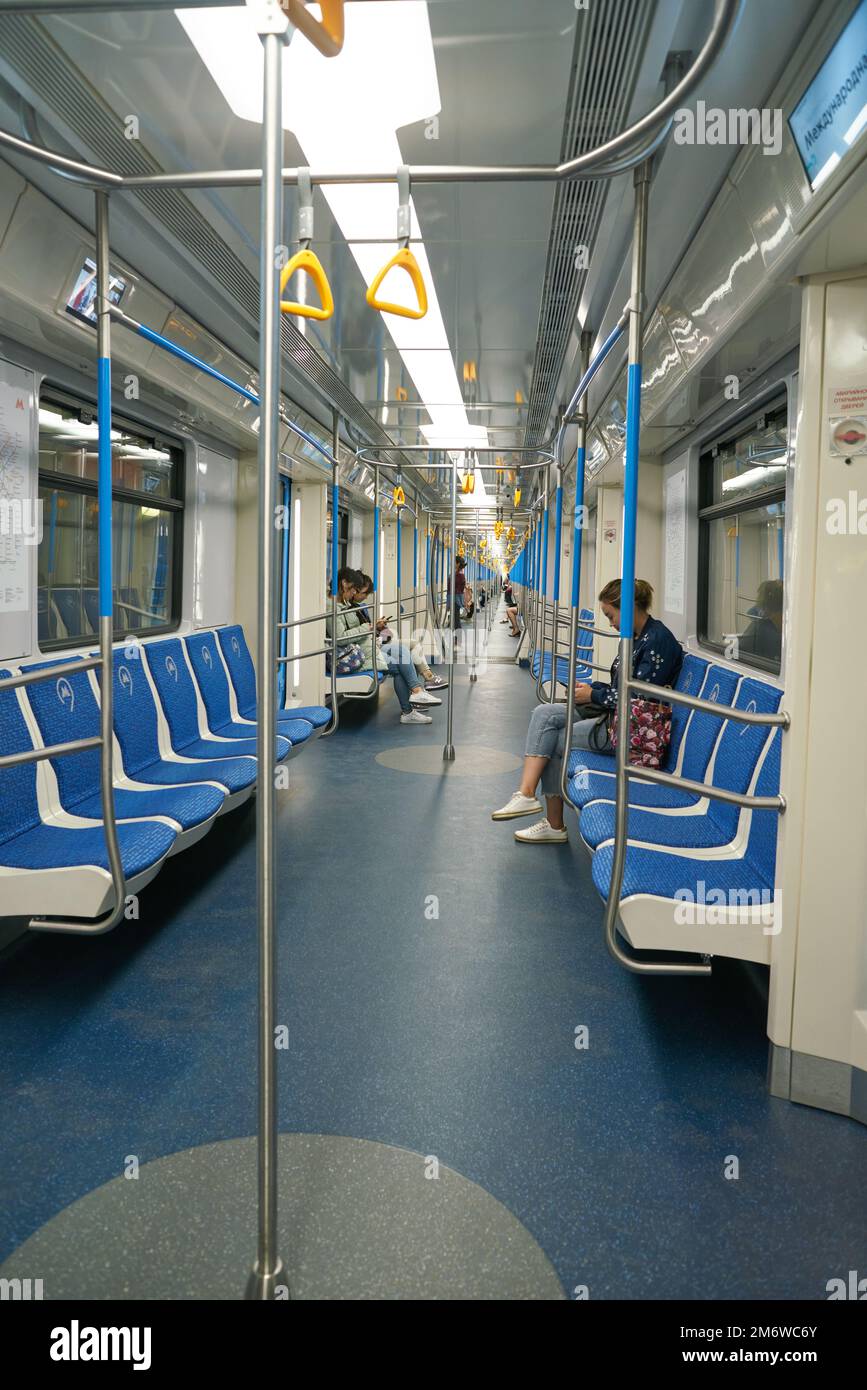 MOSCOW, RUSSIA - CIRCA SEPTEMBER, 2018: interior shot of metro car in ...