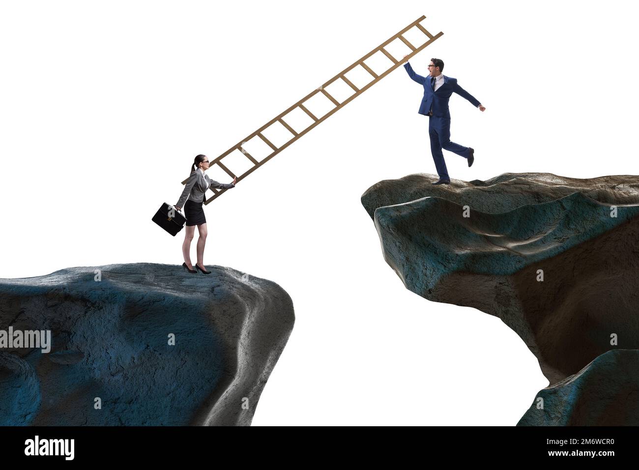 Business people helping to go over chasm Stock Photo - Alamy