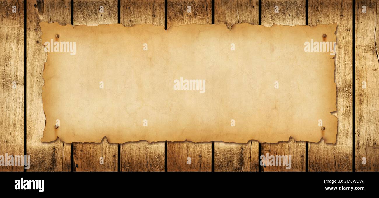 Old paper horizontal banner. Parchment scroll on a wood board Stock ...