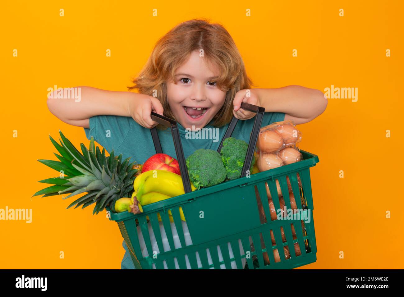 Grocery shop. Kid with shopping basket. Child at shopping. Little kid ...