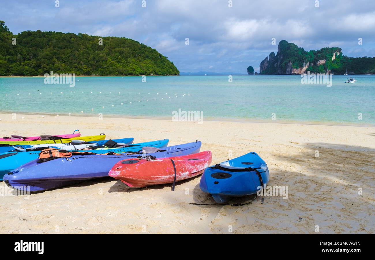 Koh Phi Phi Island Thaiand, colorful kayaks on the beach of Koh Phi Phi ...
