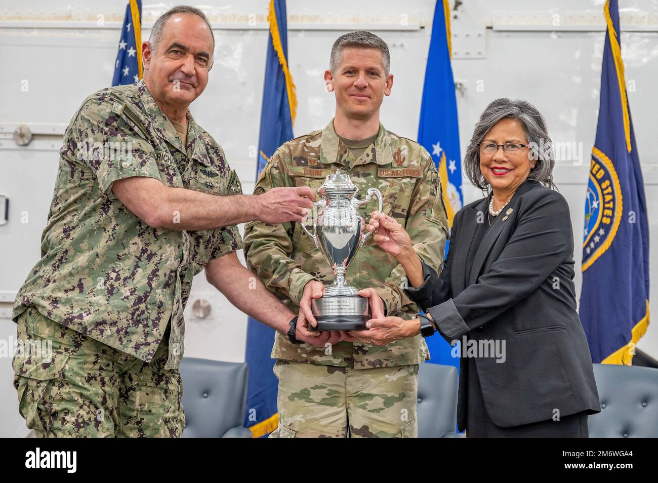 U.S. Navy Adm. Charles Richard, U.S. Strategic Command commander, and Nebraska Sen. Rita Sanders ...