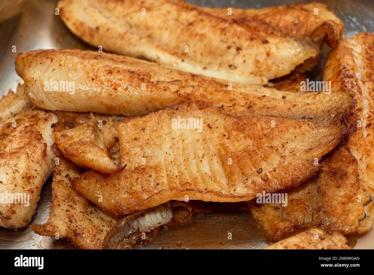 Baked tilapia filet in a metal pan Stock Photo - Alamy