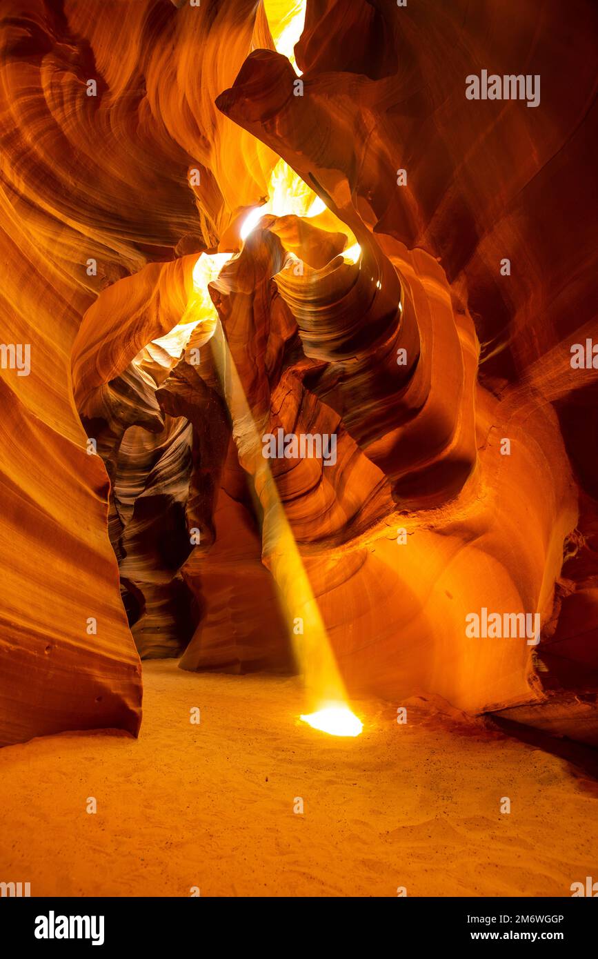 A vertical shot of rock formation inside the Antelope Canyon cave in ...