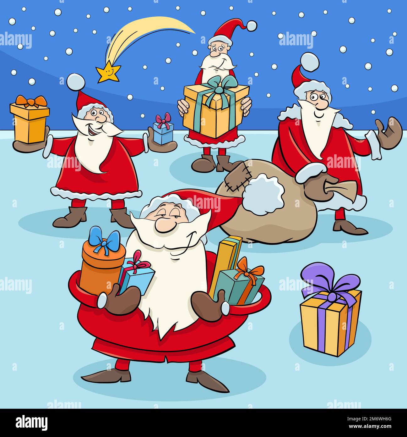 Cartoon Santa Clauses characters with Christmas presents Stock Photo ...