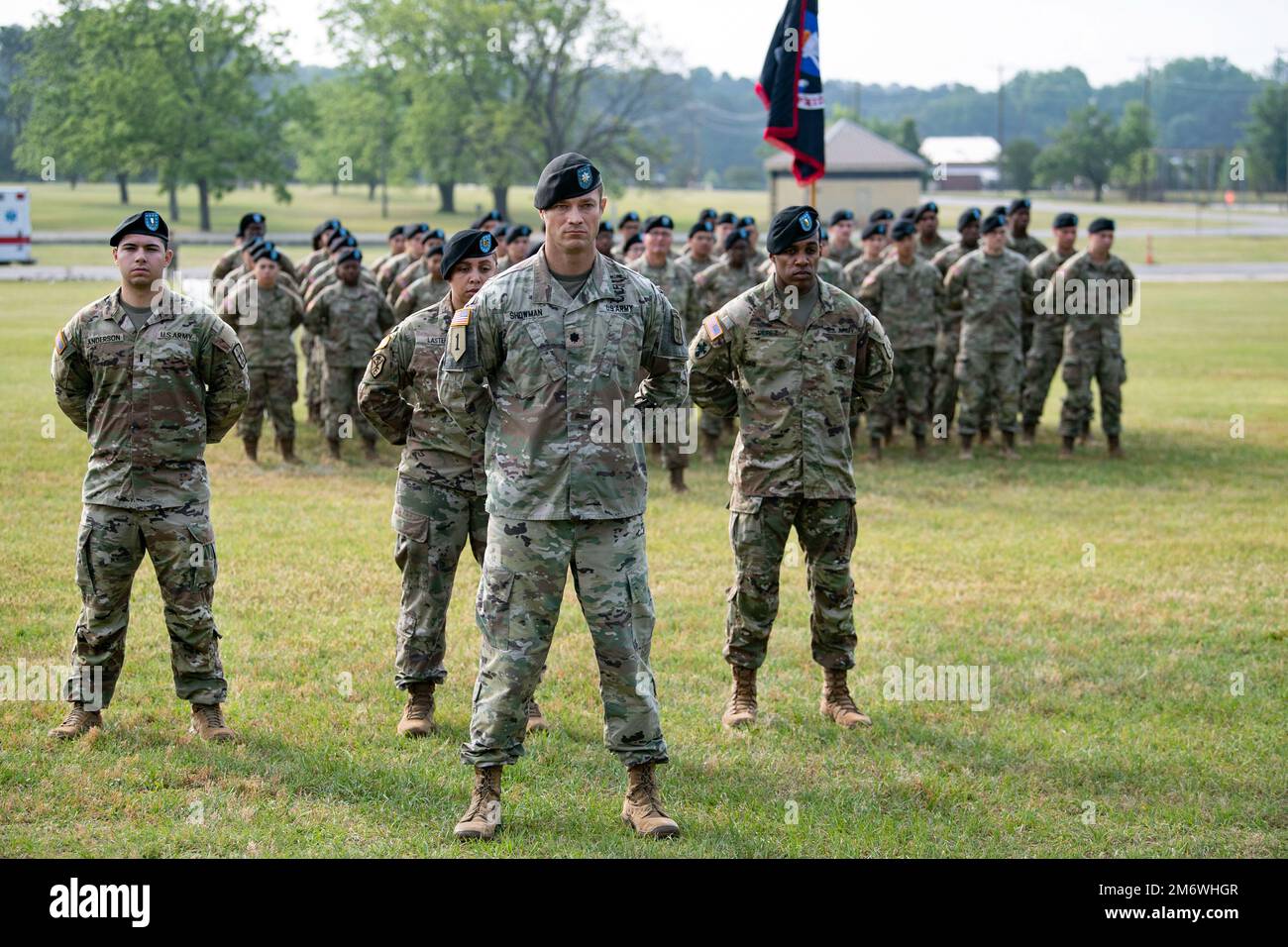 Lt. Col. Nathan Showman, commander of troops, stands before the troops ...