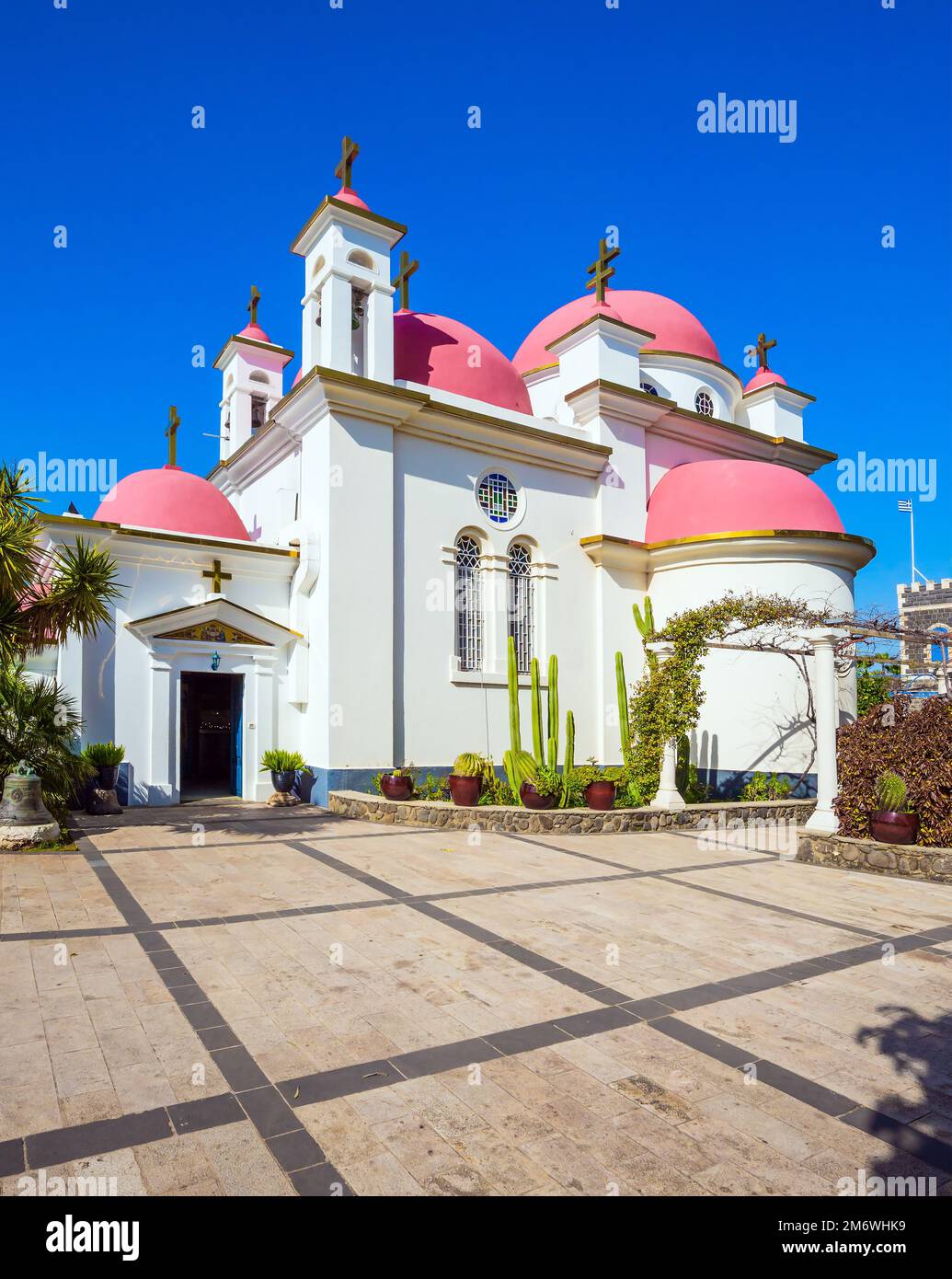 Snow-white church with pink domes Stock Photo - Alamy