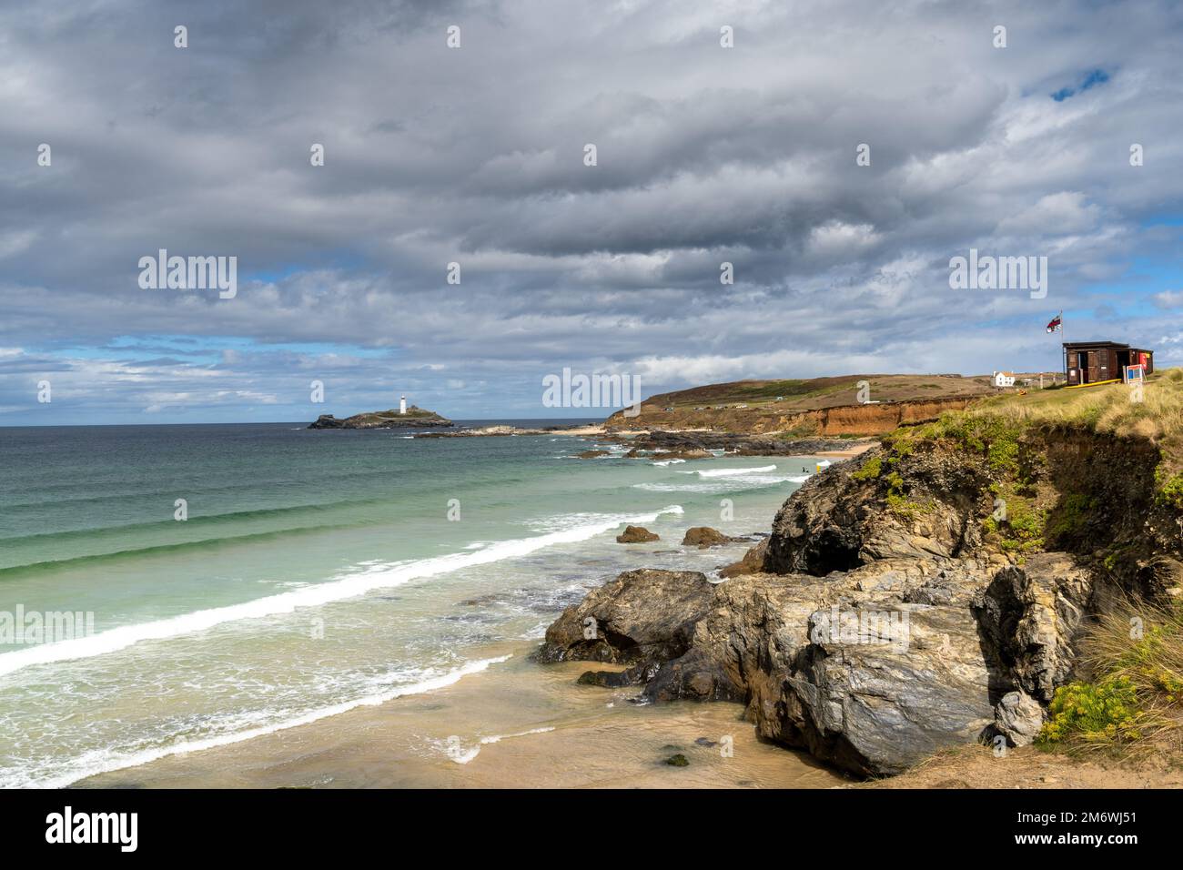 View of St. Ives Bay in Cornwall and small beach near Gwithian with the ...