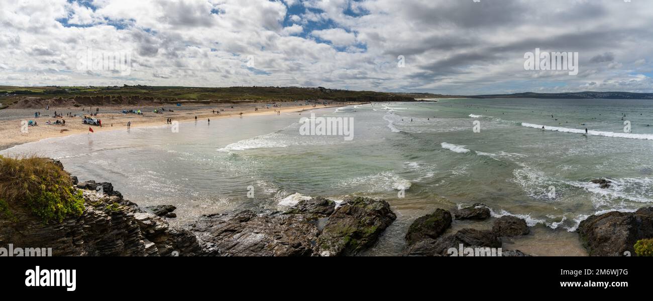 Panorama landscape view of Gwithian Beach and St. Ives Bay in northern ...