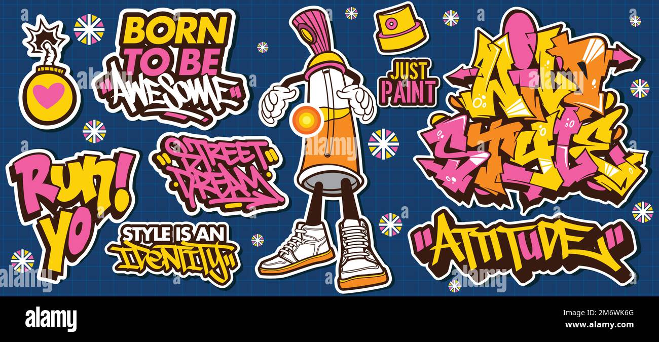 A set of colorful graffiti art sticker designs. Cool urban street art ...