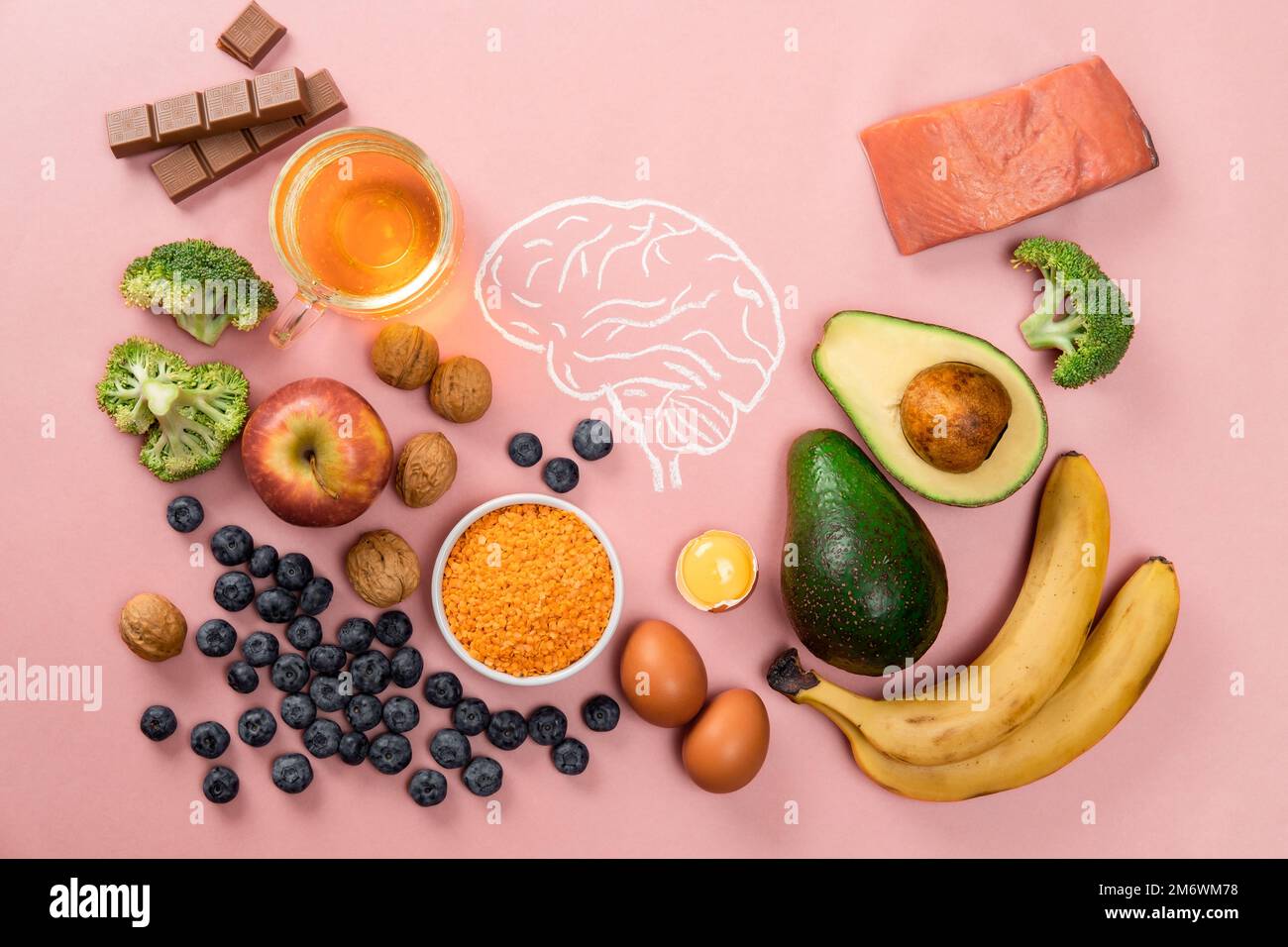 Best foods for brain and memory on pink background. Food for mind and ...