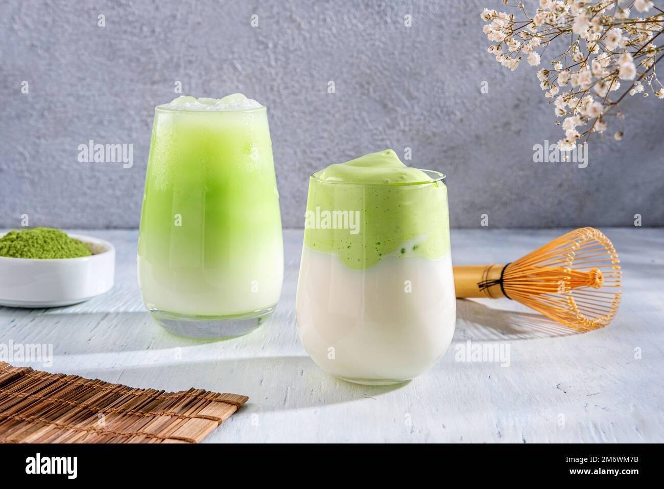 Matcha tea. Iced green tea matcha latte in glass. Green tea dalgona ...
