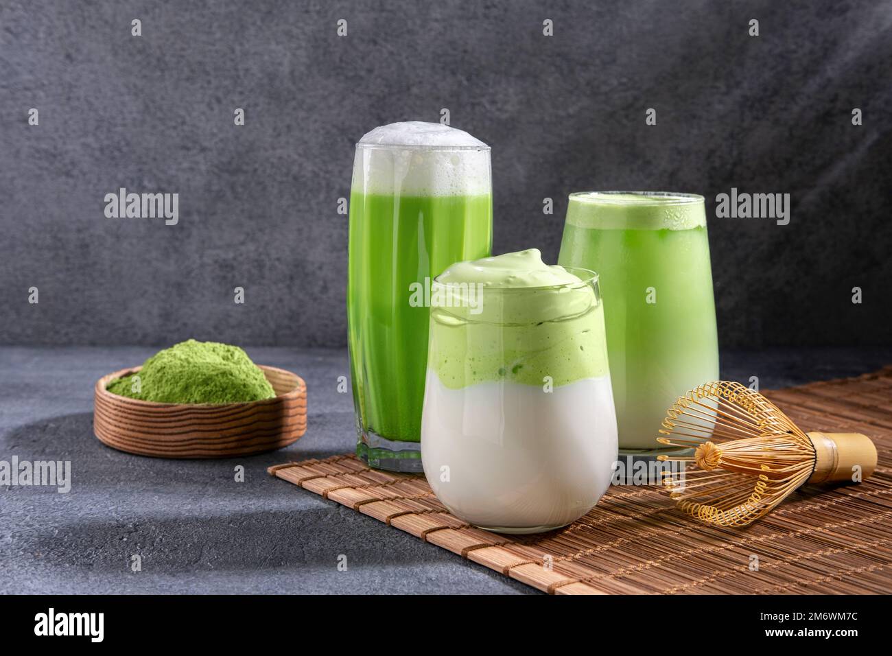 Matcha tea. Iced green tea matcha latte in glass. Green tea dalgona ...