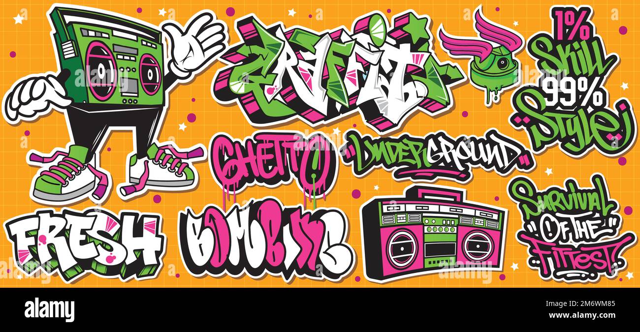 A set of colorful graffiti art sticker designs. Cool urban street art ...