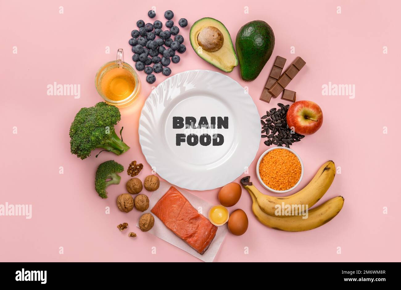 Best foods for brain and memory on pink background. Food for mind and ...