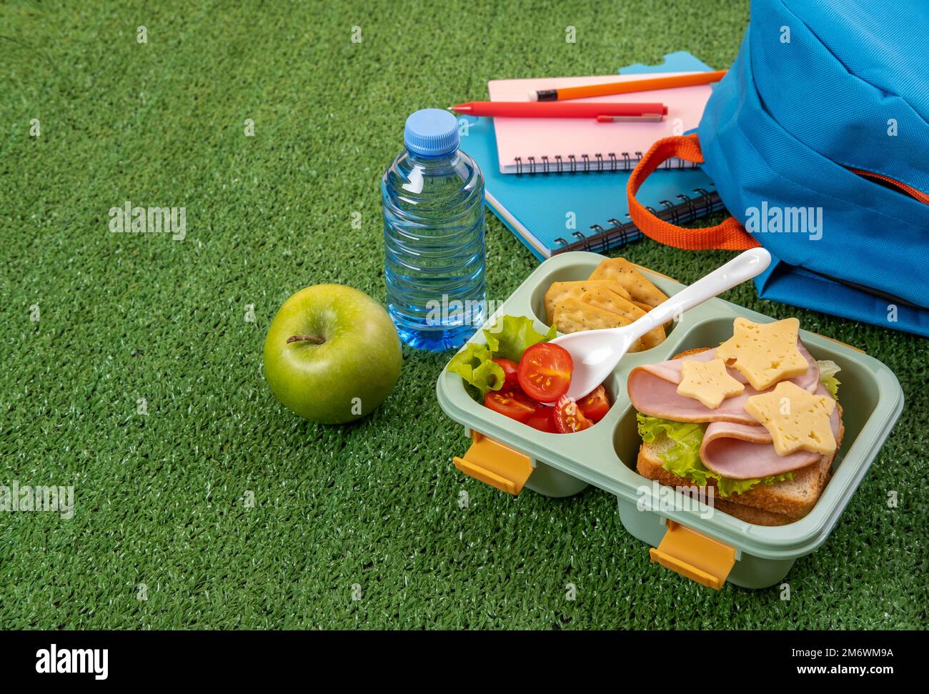 Healthy school lunch box with sandwich and salad at school yard. School ...