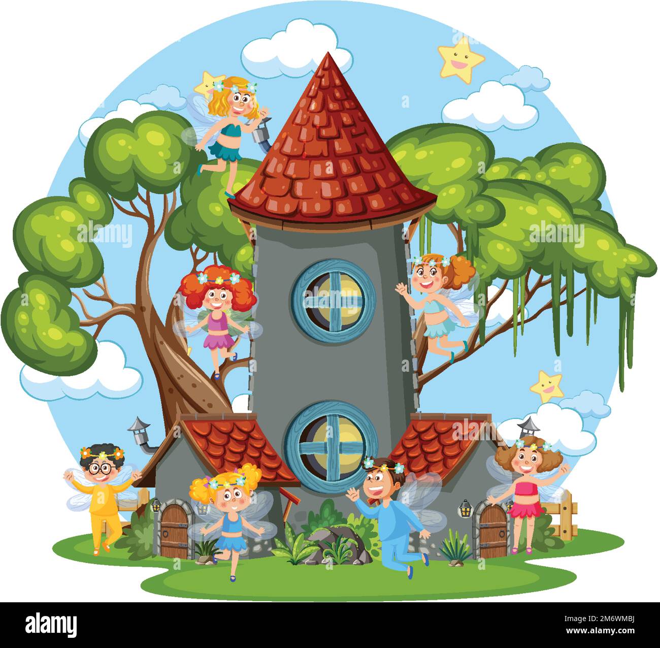 Fairies flying around fairytale tower illustration Stock Vector Image ...