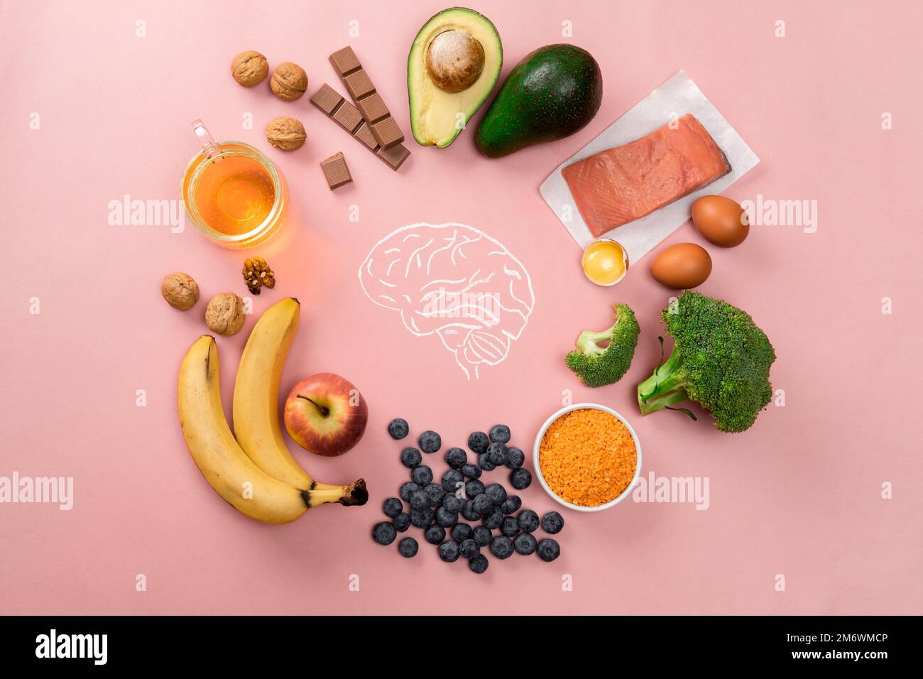 Best foods for brain and memory on pink background. Food for mind and ...