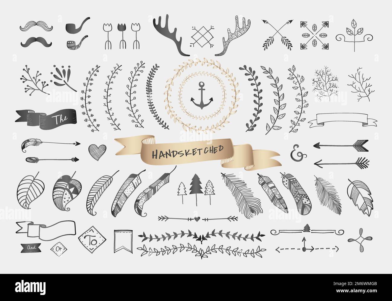 Gray hand sketched badges and banners ornaments vector set Stock Vector ...