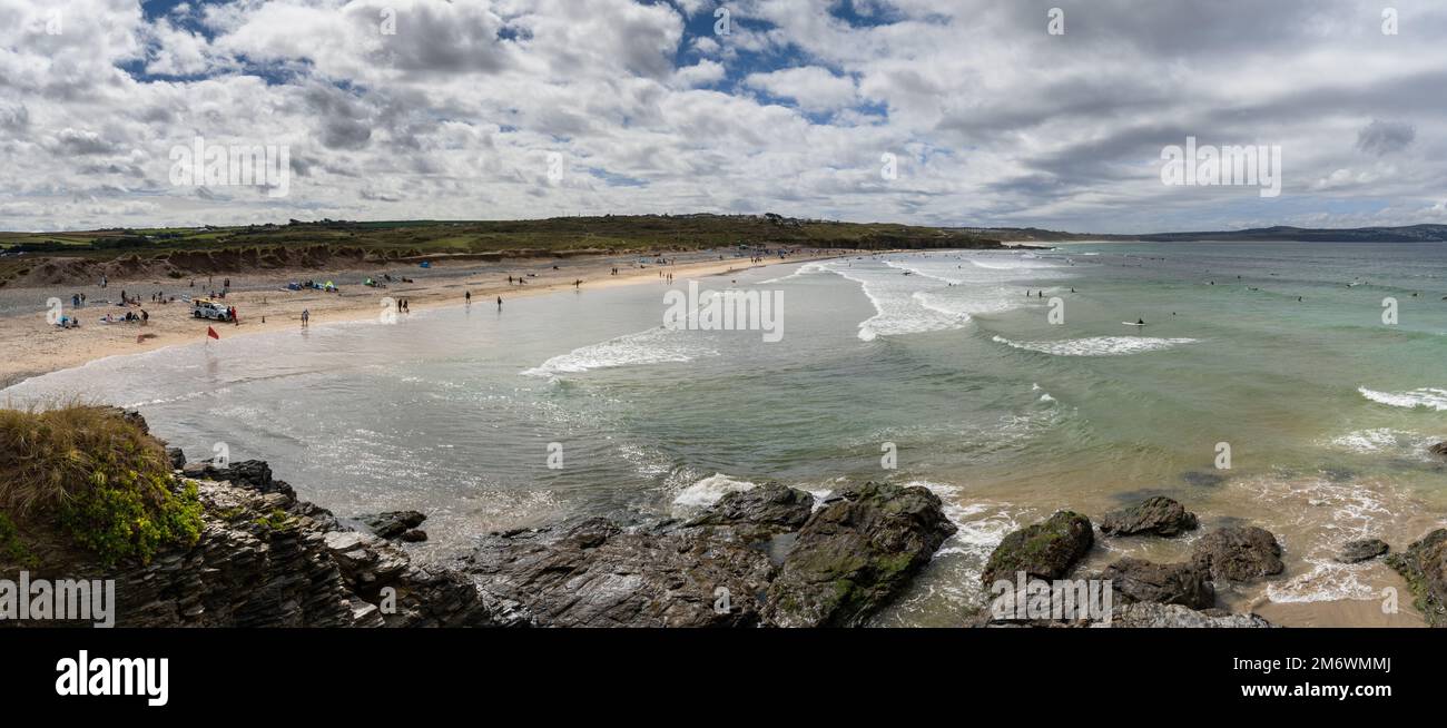 Panorama landscape view of Gwithian Beach and St. Ives Bay in northern ...