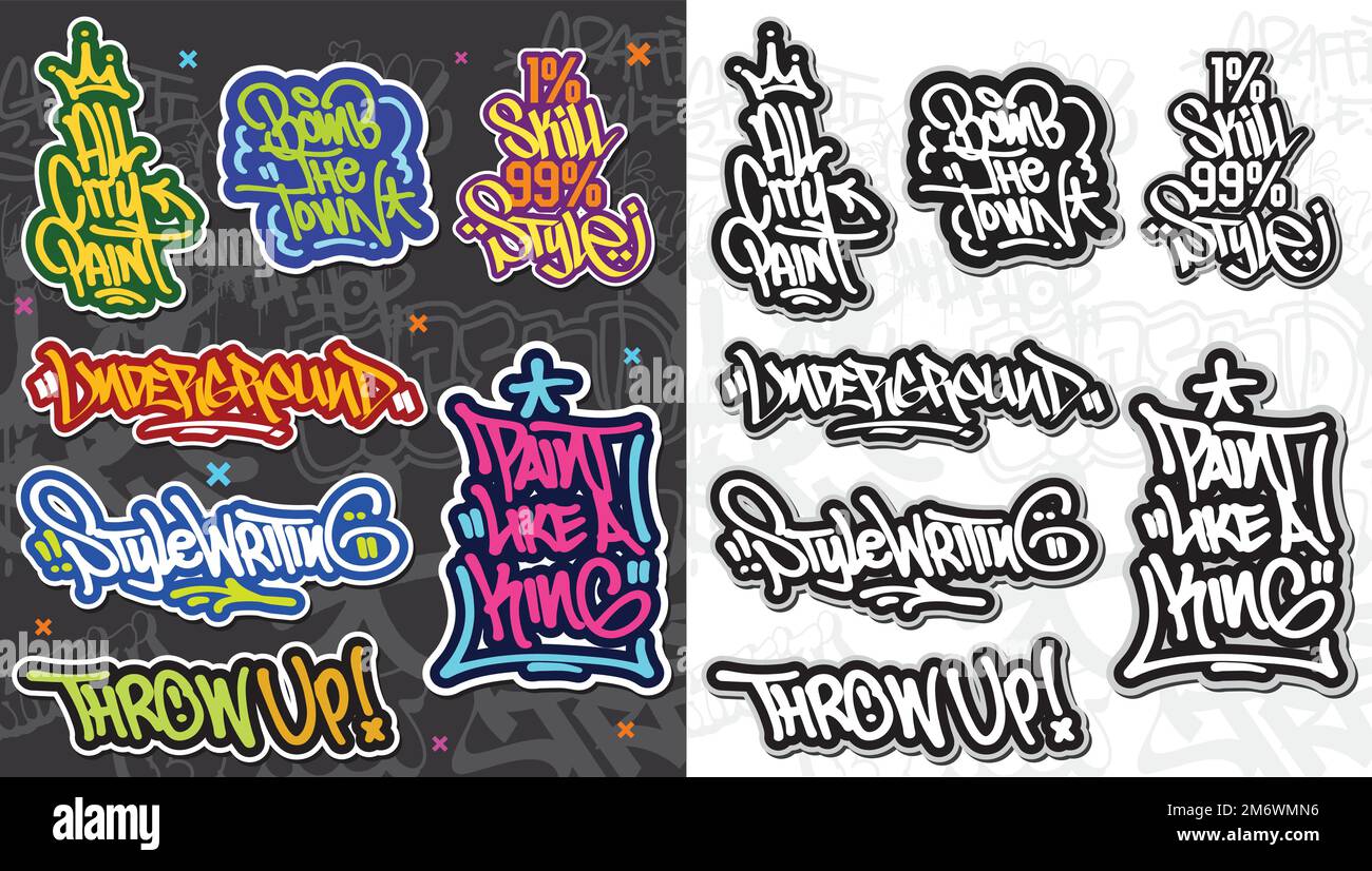 A set of colorful graffiti art sticker designs. Cool urban street art ...