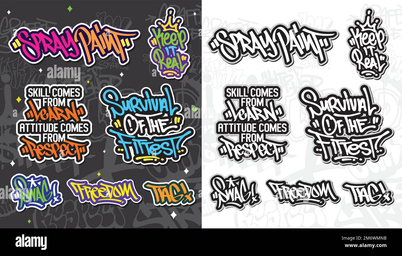 A set of colorful graffiti art sticker designs. Cool urban street art ...