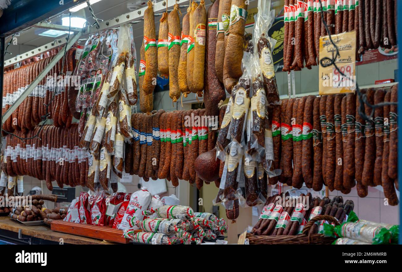 Many types of traditional Hungarian salami and sausages in a market ...