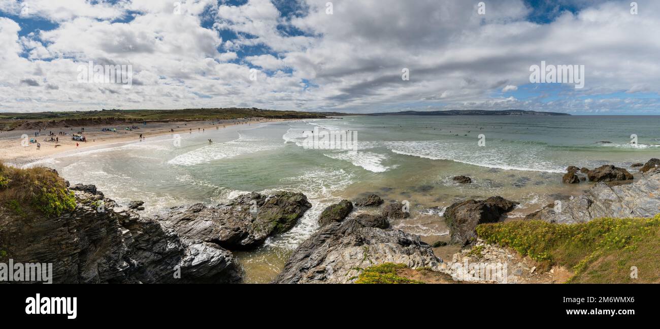 Panorama landscape view of Gwithian Beach and St. Ives Bay in northern ...
