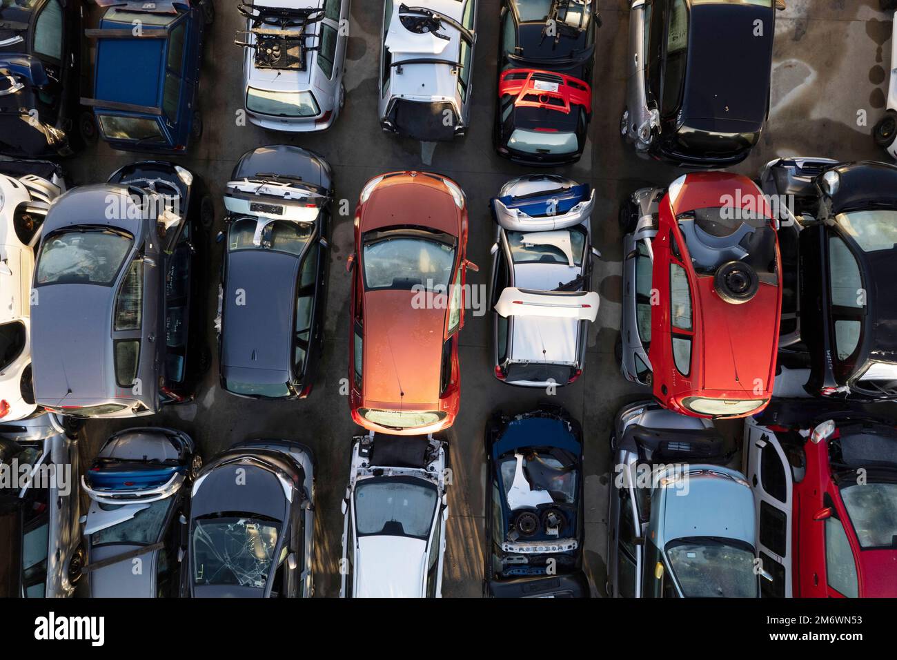 Aerial view of a small car demolition park Stock Photo - Alamy