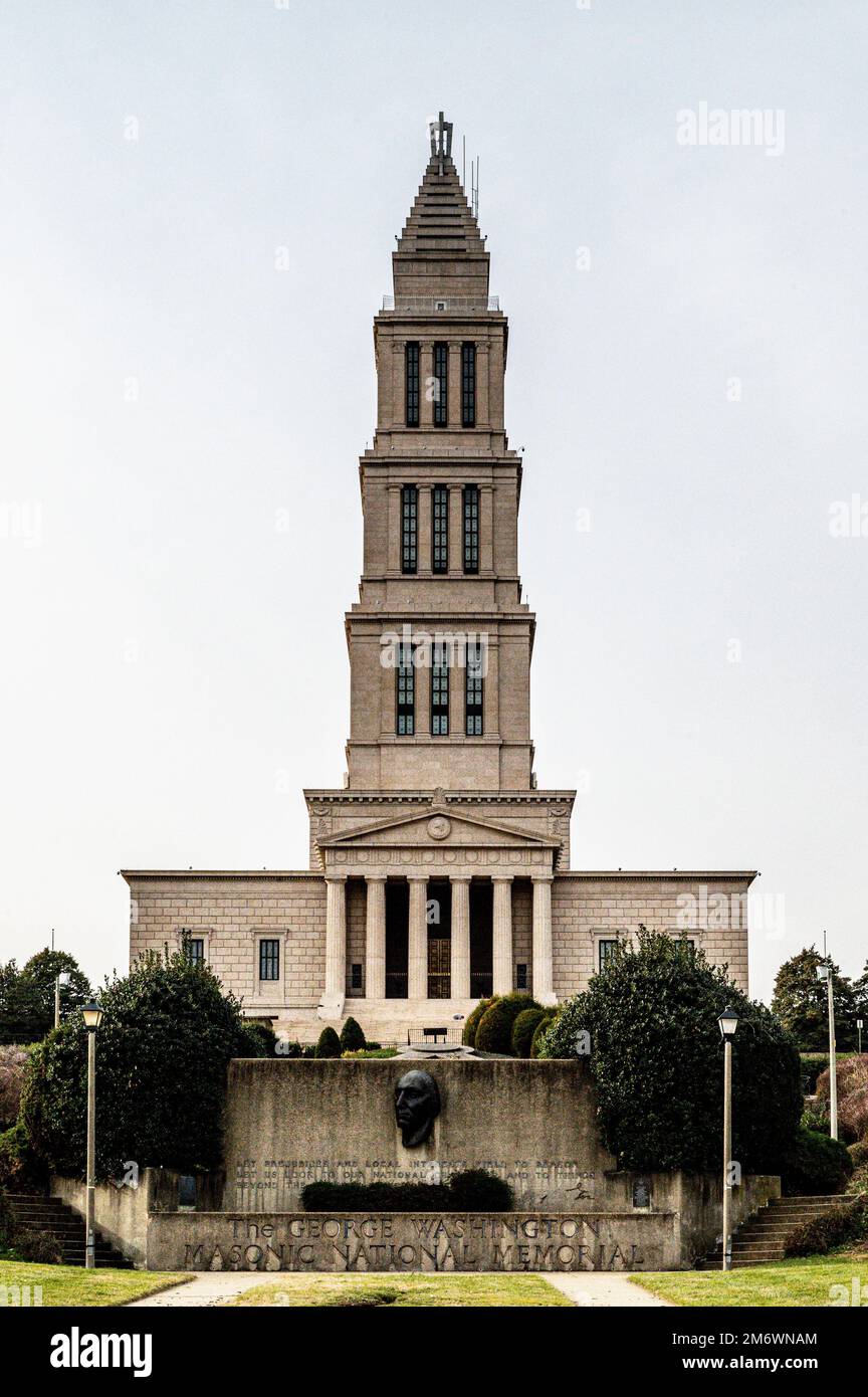 Front facade of George Washington Masonic National Memorial in a cloudy ...