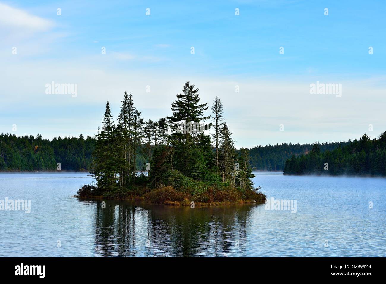 A treed island in the middle of a small lake in rural New Brunswick ...