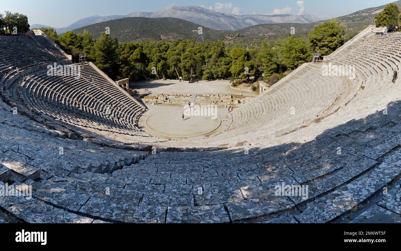 Panorama view of the ancient theatre of Epidauros in southern Greece ...