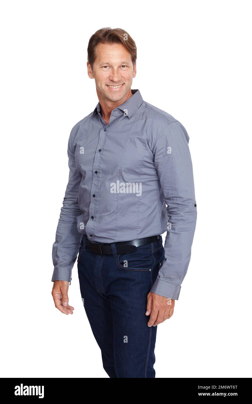 Cool and casual. An isolated portrait of a happy mid adult man standing ...