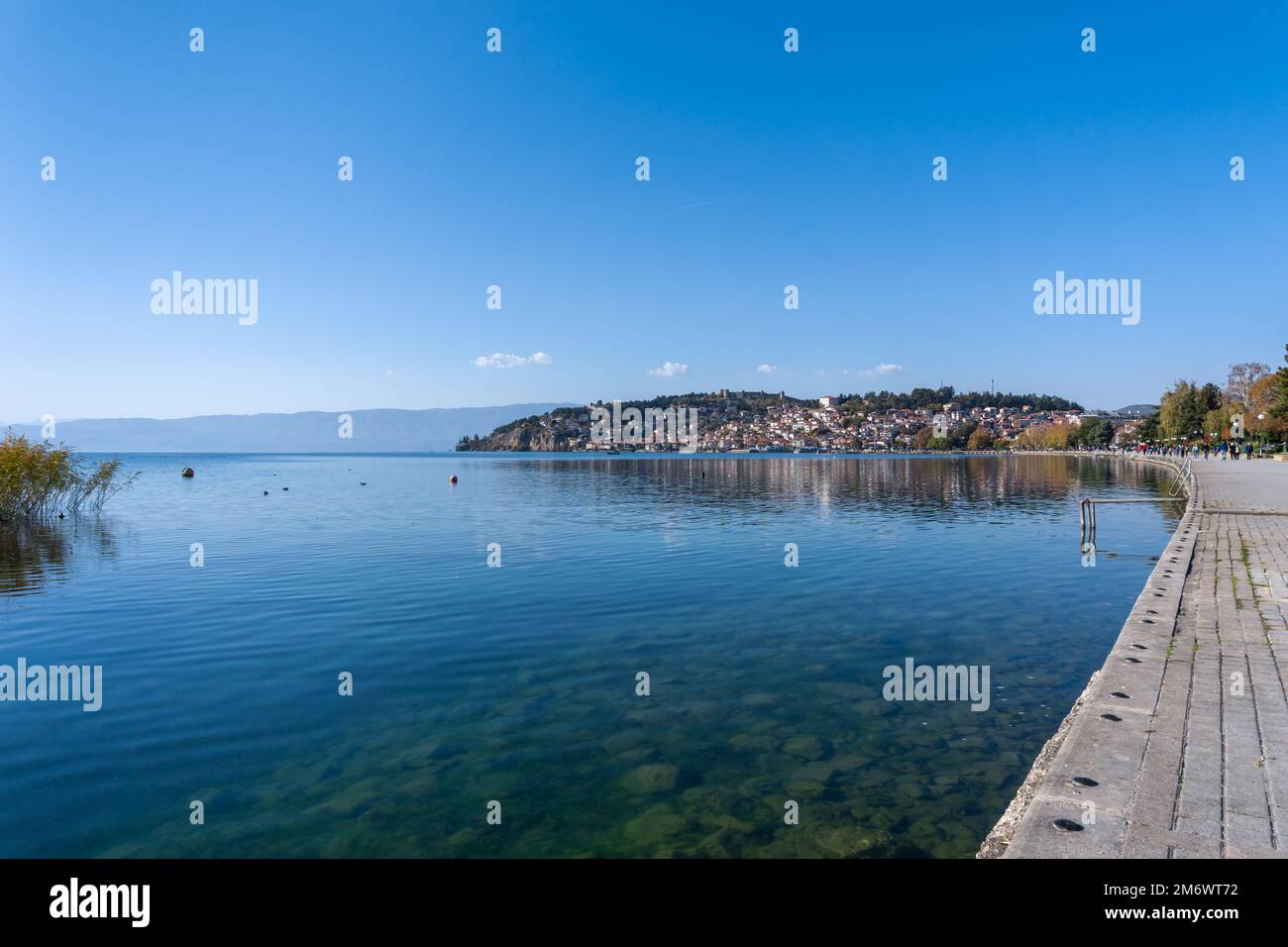 Landscape view of Lake Ohrid and the waterfront with the castle on the ...