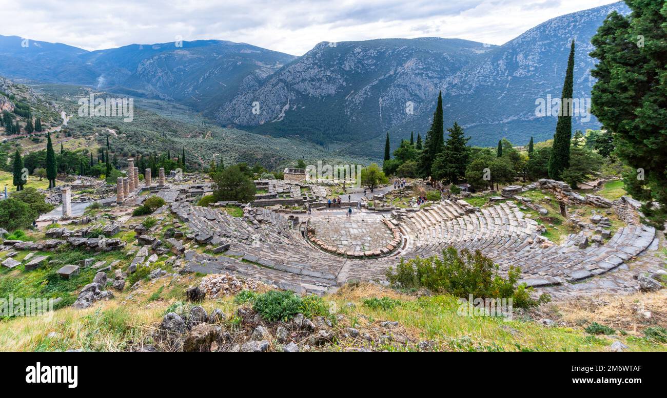 Panorama view of the Ancient Thetre of Delphi in the Sanctuary Athena ...