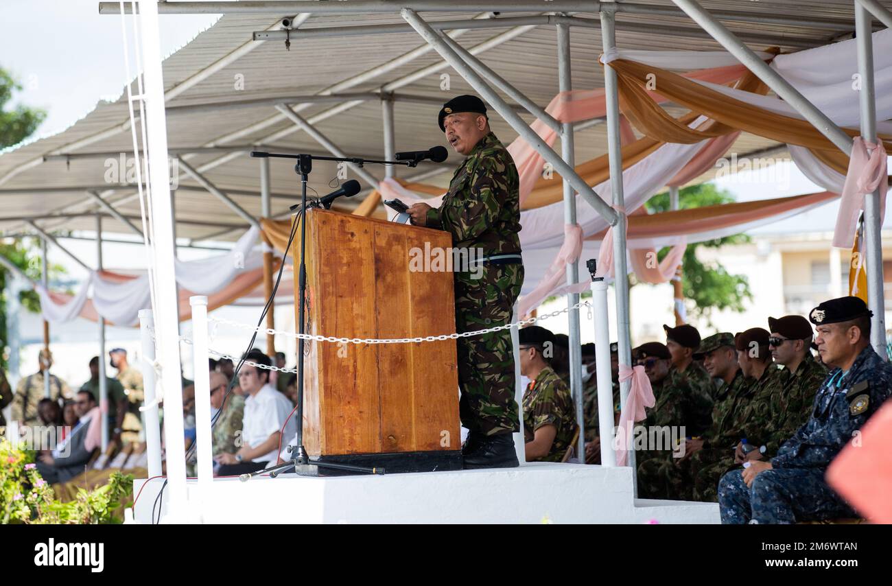 Belizean Army Lt. Col. R. Beltran gives the welcoming remarks during ...