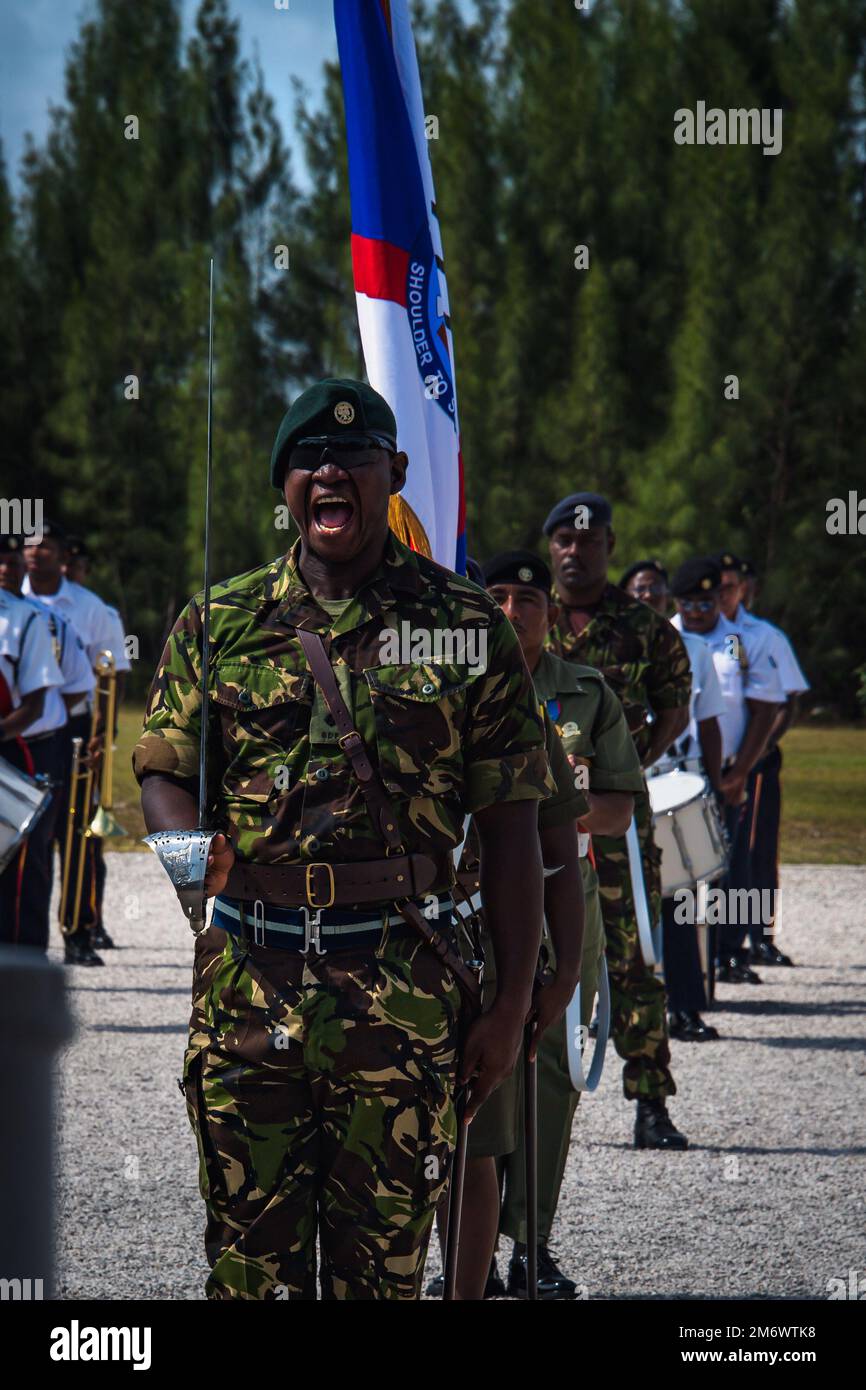 Belize Defence Force Parade Commander calls out instructions to the 23 ...