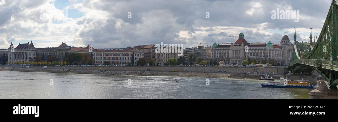 Panorama cityscape of downtown Budapest with the Liberty Bridge on one ...