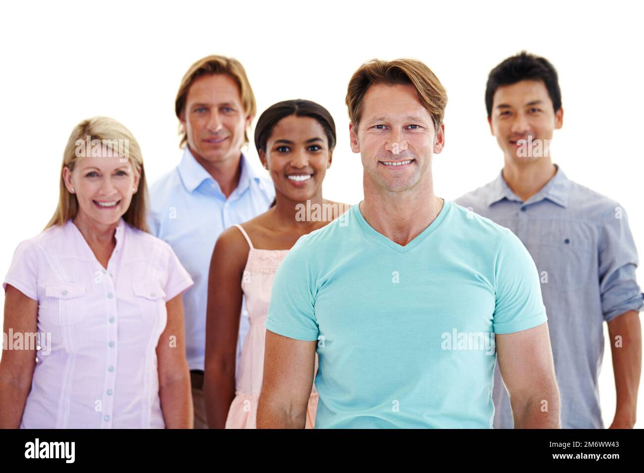 Bridging the gaps of society. Five smiling adults of varying ...