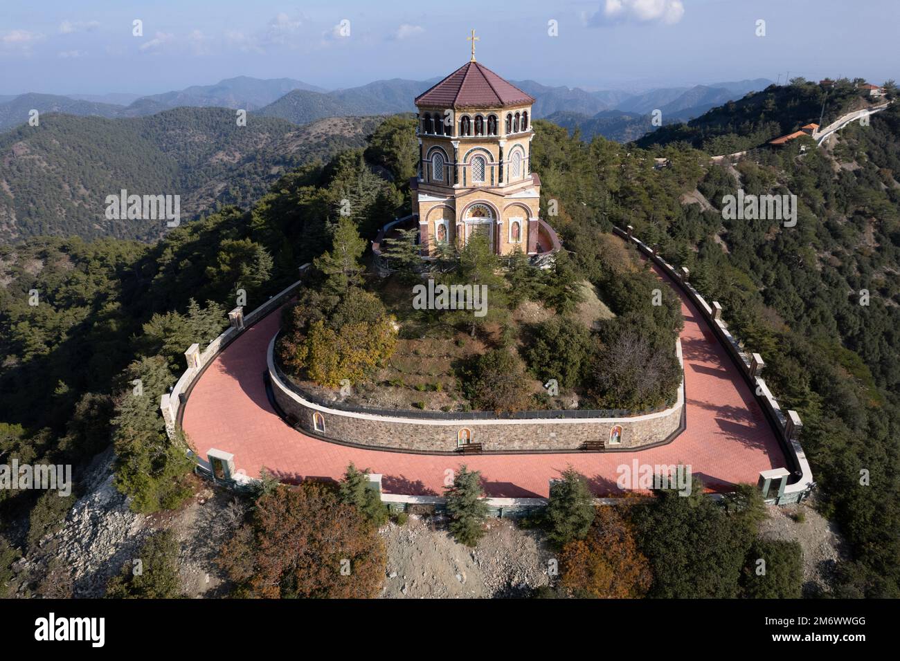 Drone aerial of throni of Panagia Kykkou temple landmark in Cyprus ...