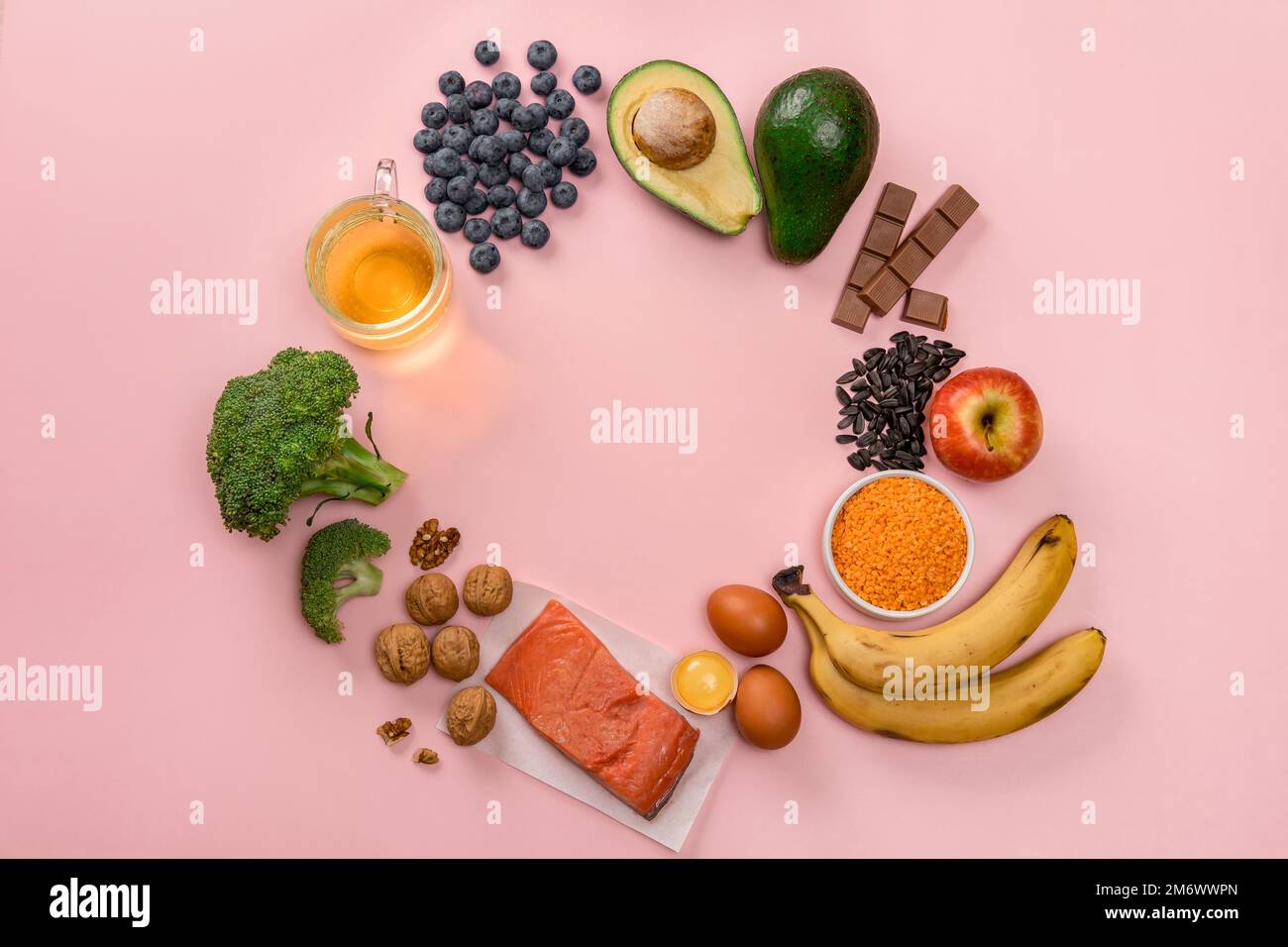 Best foods for brain and memory on pink background. Food for mind and ...