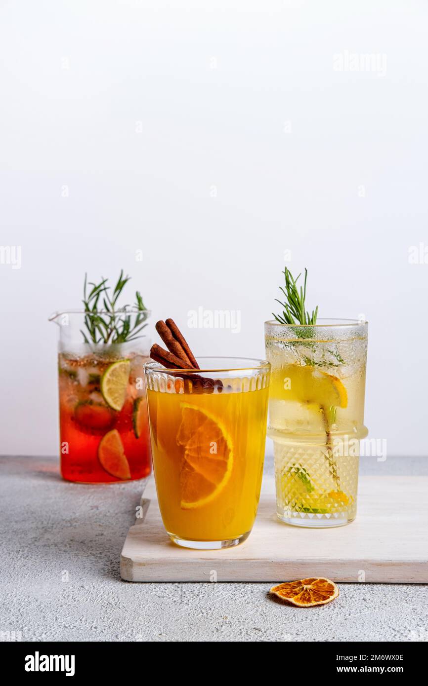 Watermelon and lime punch, tropical mule, orange gin tonic. Colorful ...