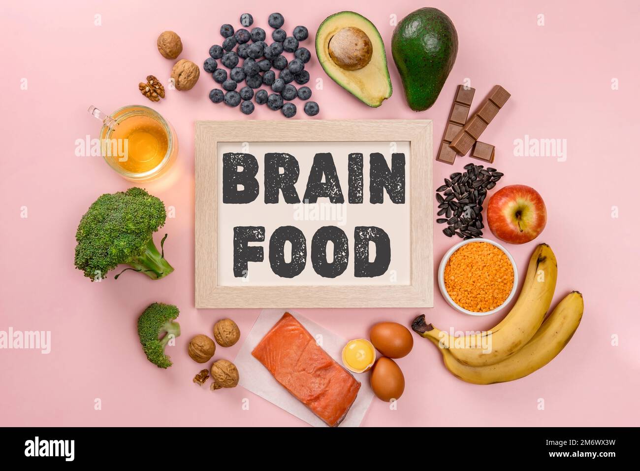 Best foods for brain and memory on pink background. Food for mind and ...