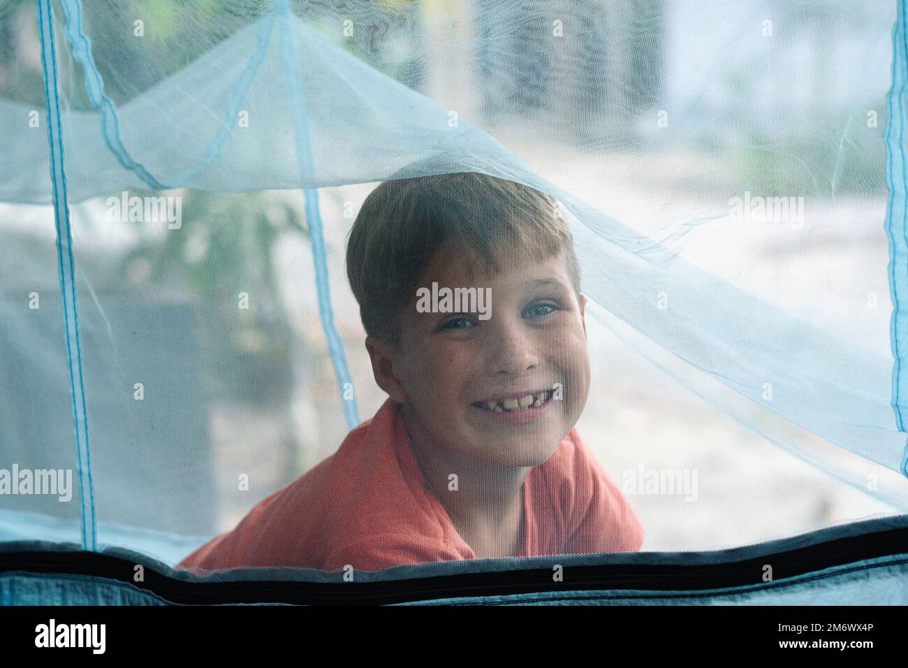 Smile child boy lie rest hammock with mosquito net. Happy childhood ...