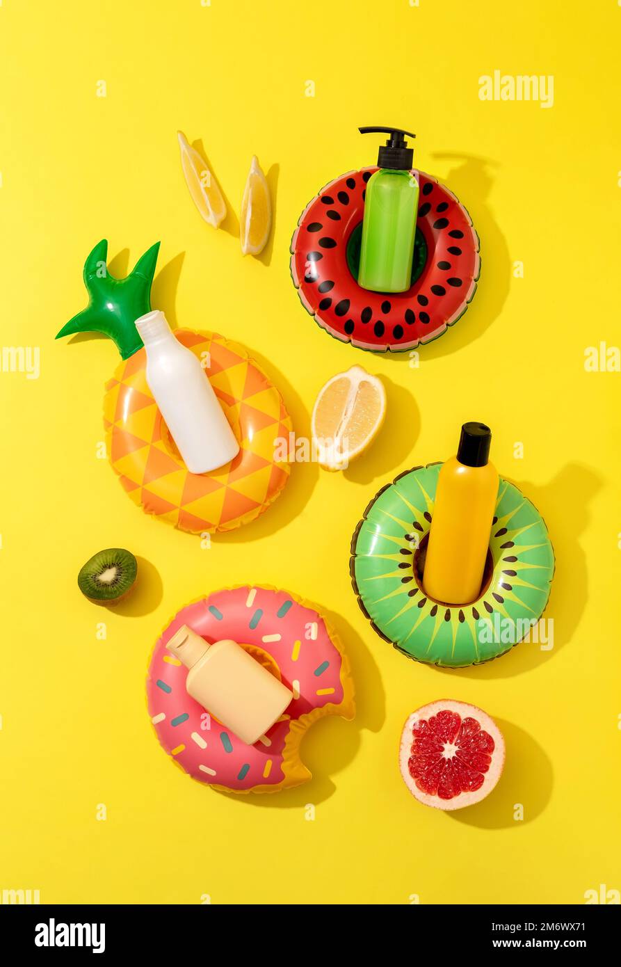 Summer vacation cosmetics. Sun protection lotion, sunscreen ...