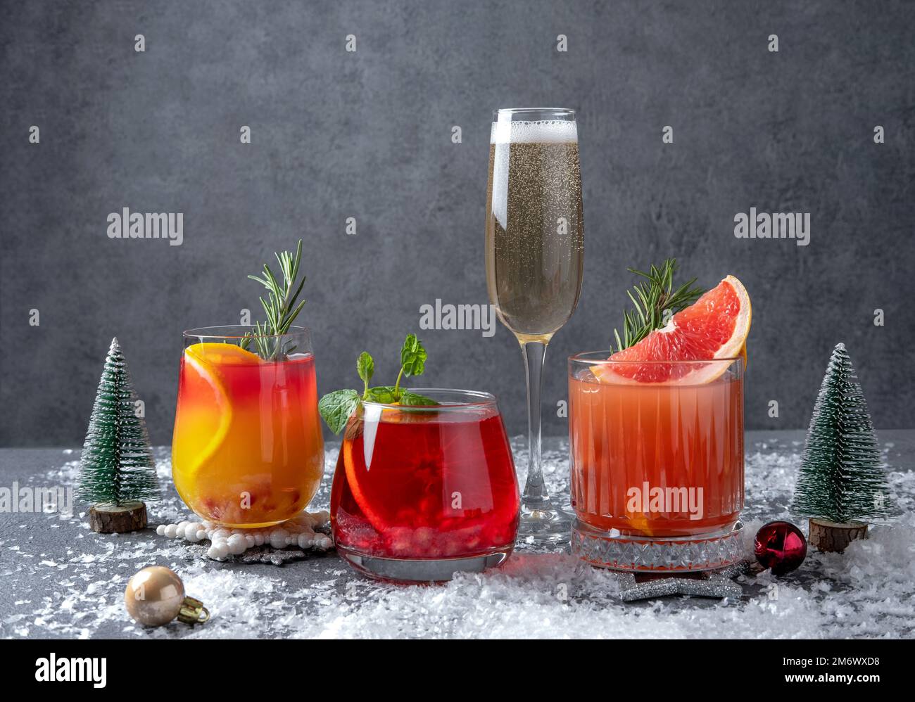 Festive cocktails with various citrus. Assortment of alcohol Christmas ...
