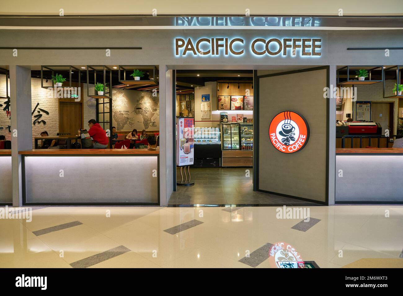 SHENZHEN, CHINA - CIRCA NOVEMBER, 2019: entrance to Pacific Coffee at ...