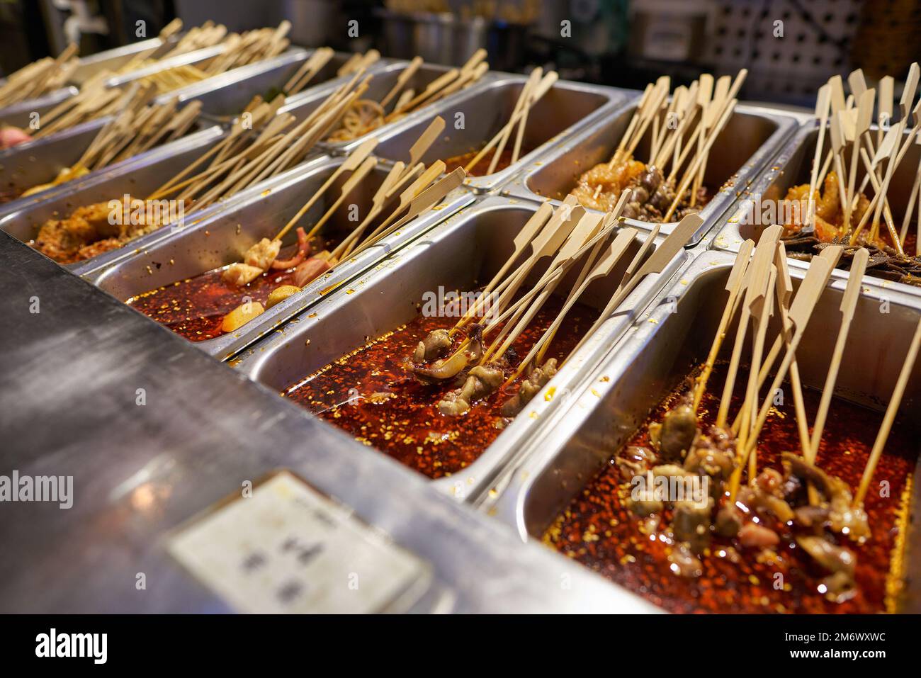 SHENZHEN, CHINA - CIRCA NOVEMBER, 2019: various food on sticks on ...