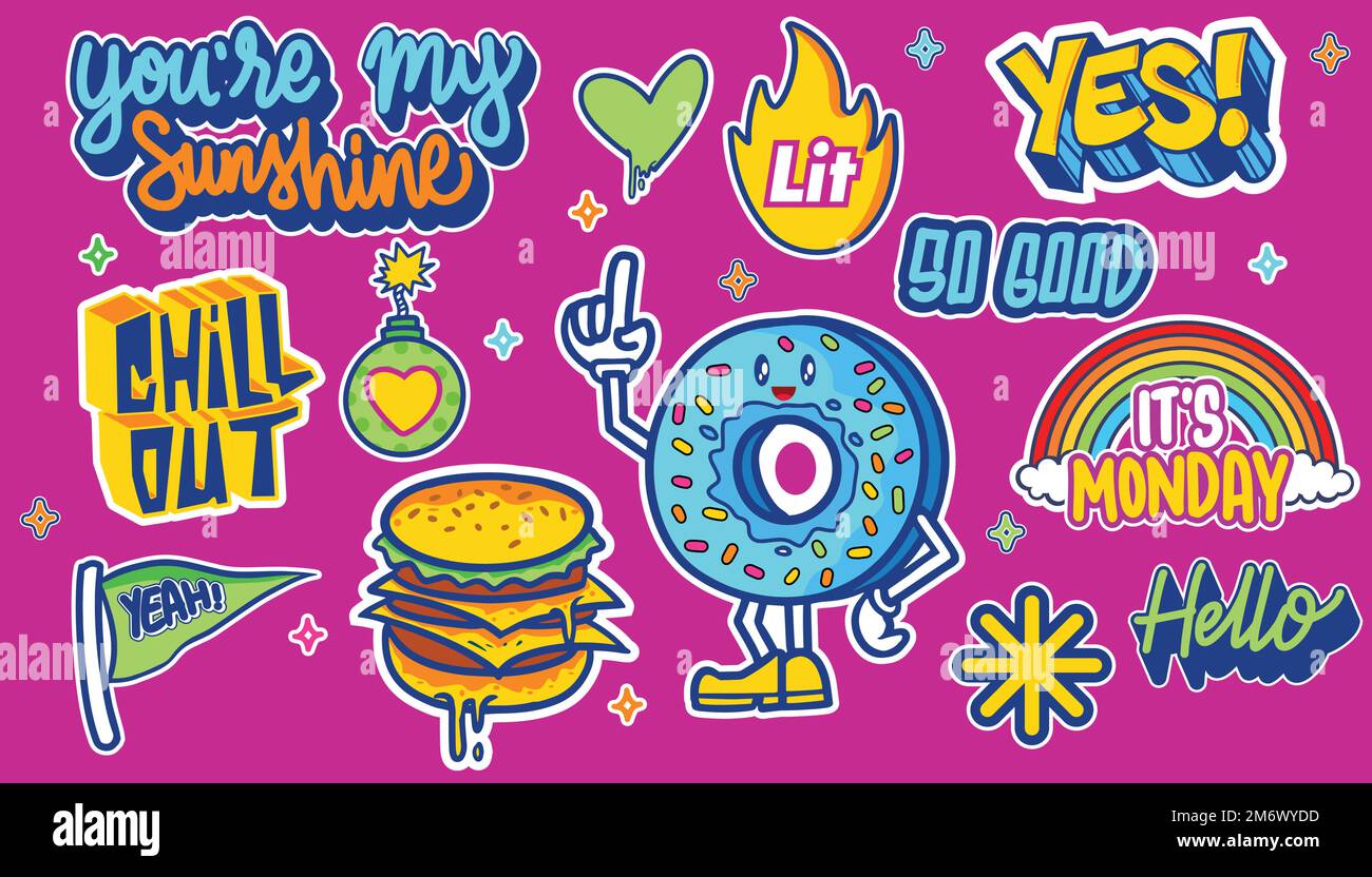 A set of colorful graffiti art sticker designs. Cool urban street art ...
